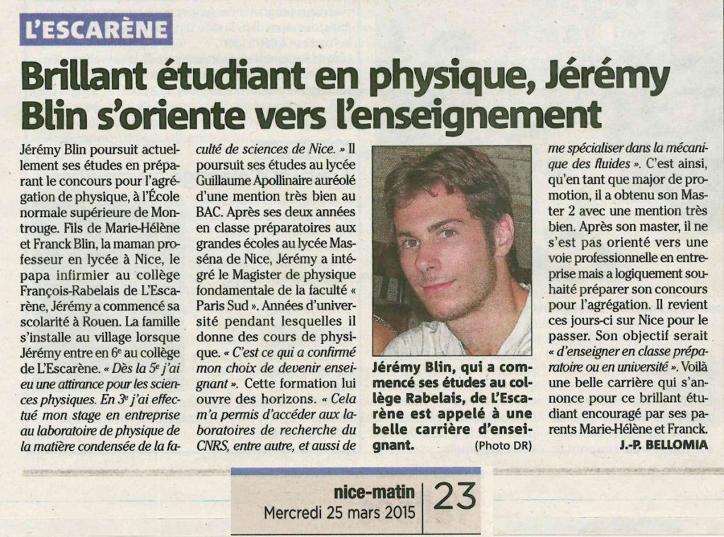Brillant étudiant en physique, Jérémy Blin s’oriente vers l ...